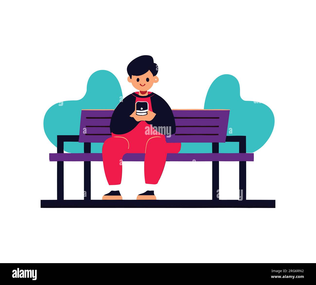 Flat vector illustration of a boy using a mobile while sitting on a ...