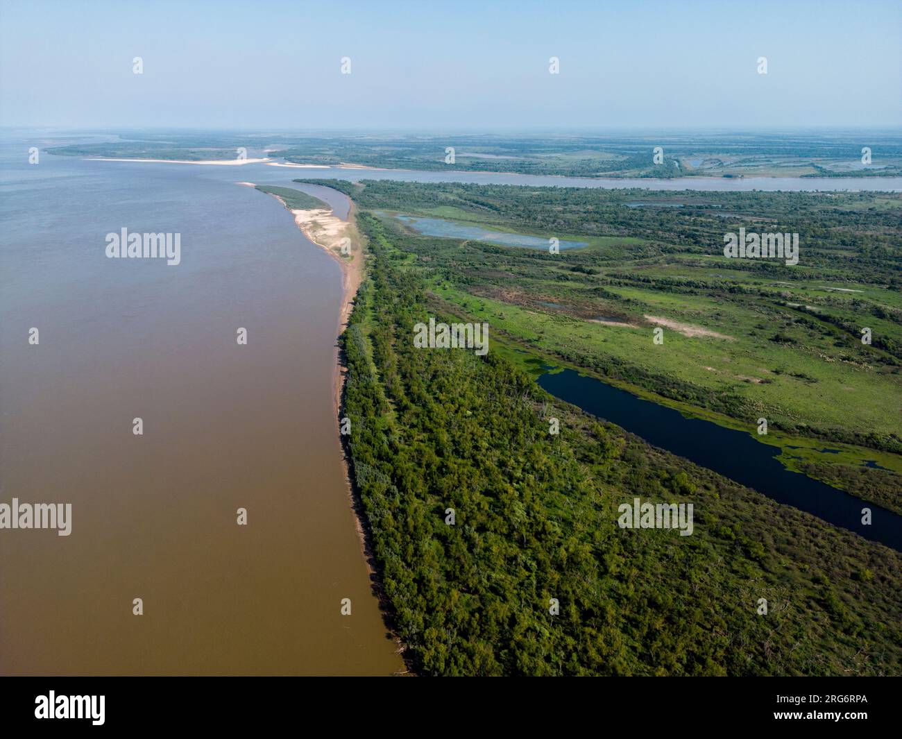 Aerial view of the huge river and lifeline Rio Paraná in the Province ...