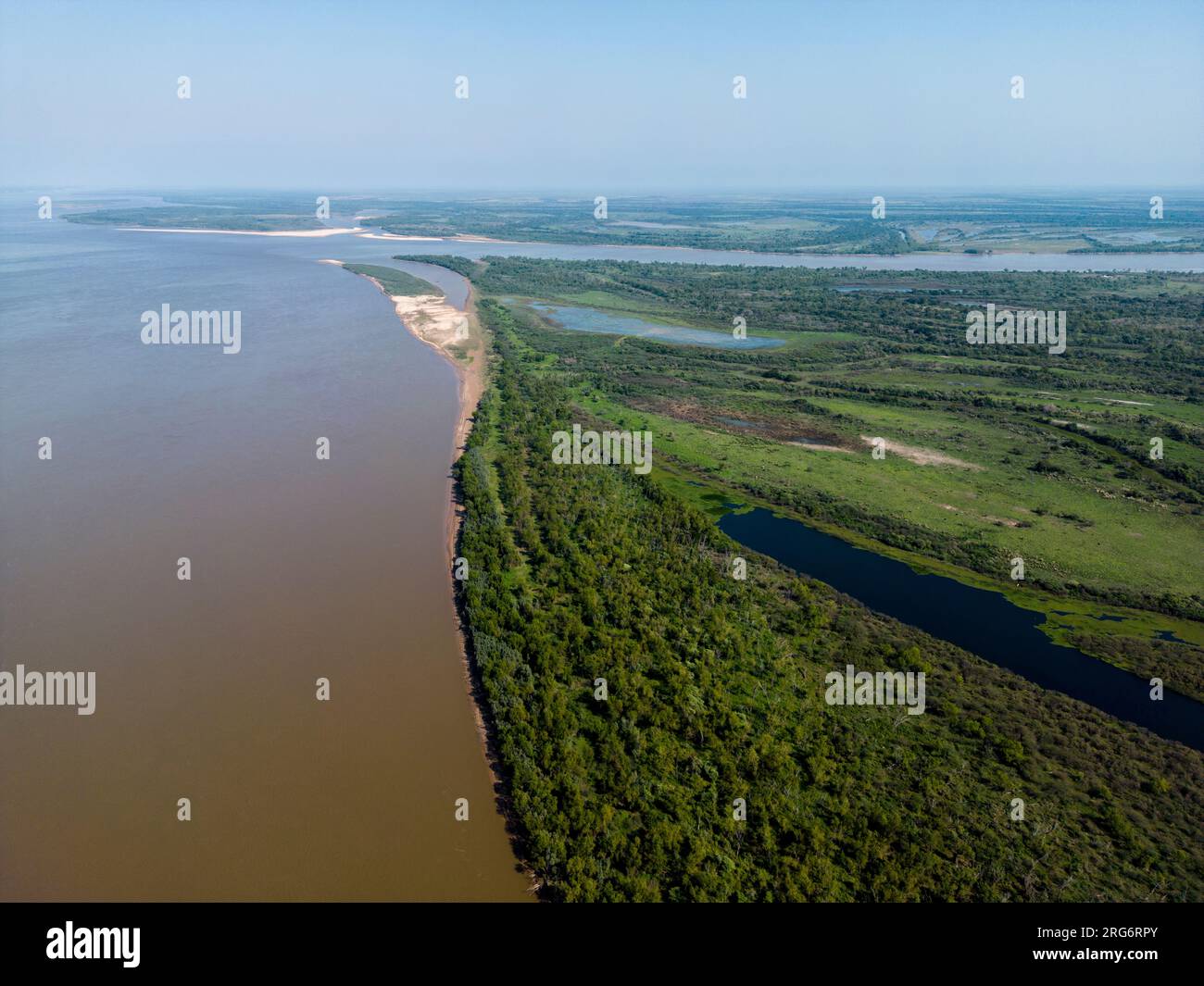 Aerial view of the huge river and lifeline Rio Paraná in the Province ...