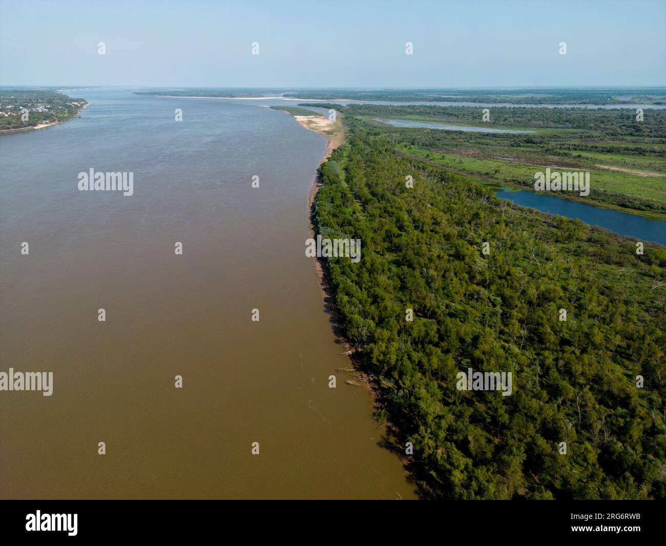 Aerial view of the huge river and lifeline Rio Paraná in the Province ...