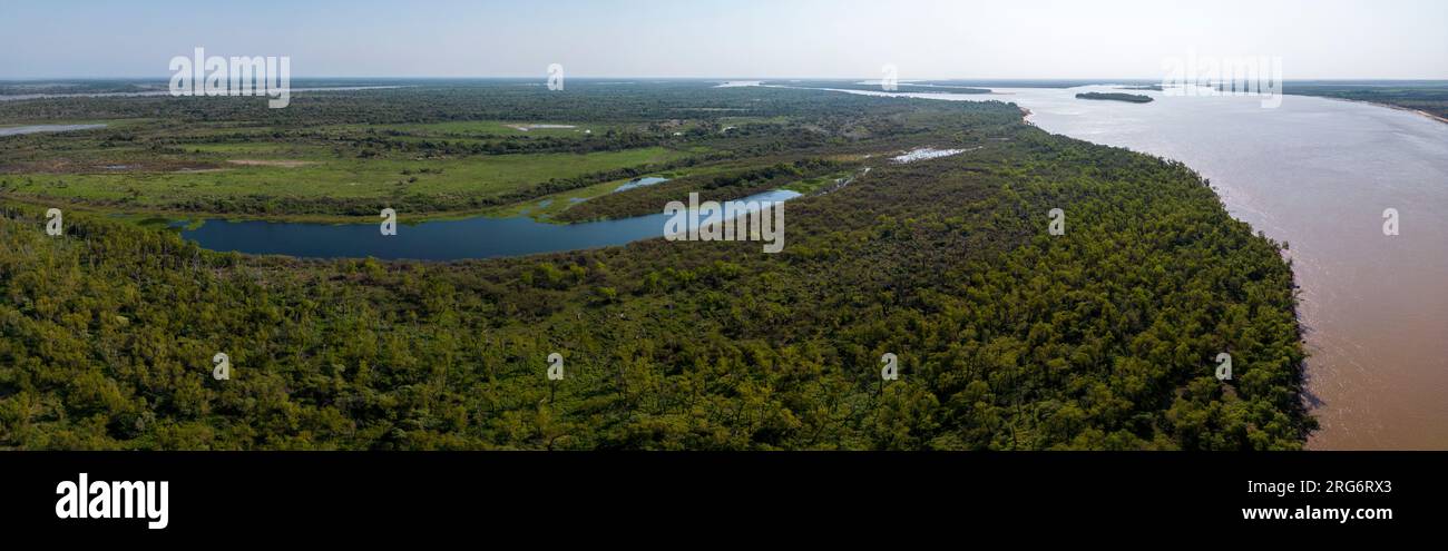 Aerial view of the huge river and lifeline Rio Paraná in the Province ...
