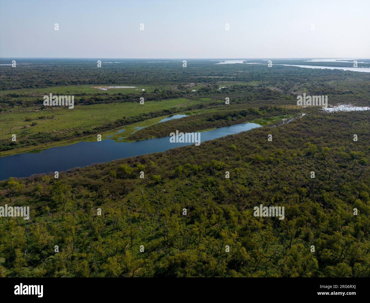 Aerial view of a lagoon at the huge river and lifeline Rio Paraná in ...