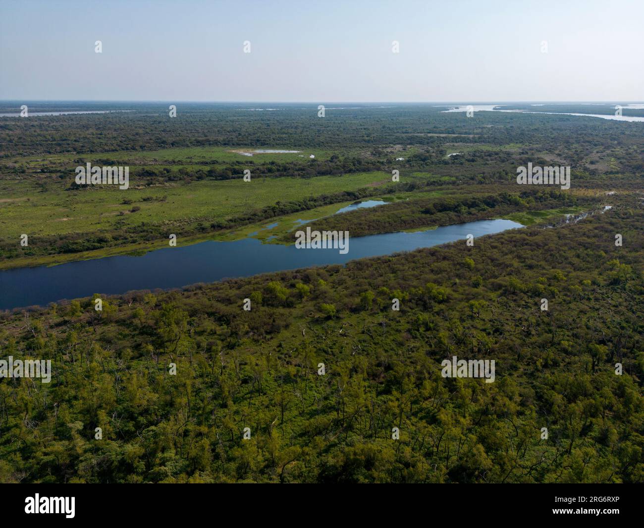 Aerial view of a lagoon at the huge river and lifeline Rio Paraná in ...
