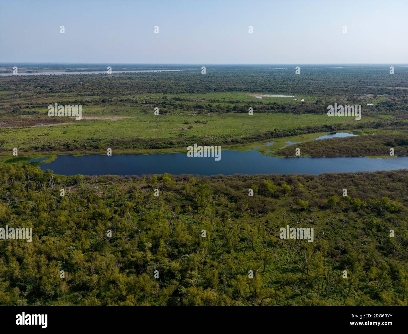 Aerial view of a lagoon at the huge river and lifeline Rio Paraná in ...