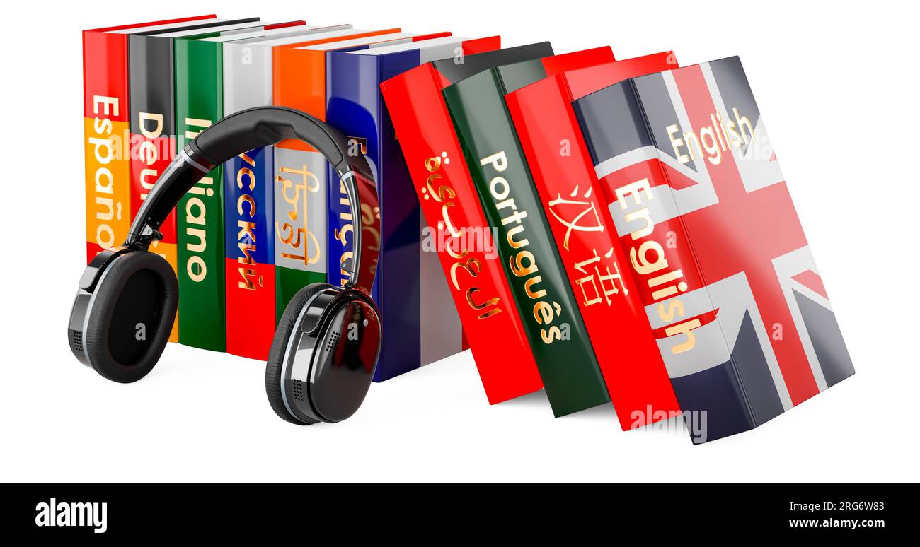 Headphones and language textbooks, language courses concept. 3D rendering isolated on white ...