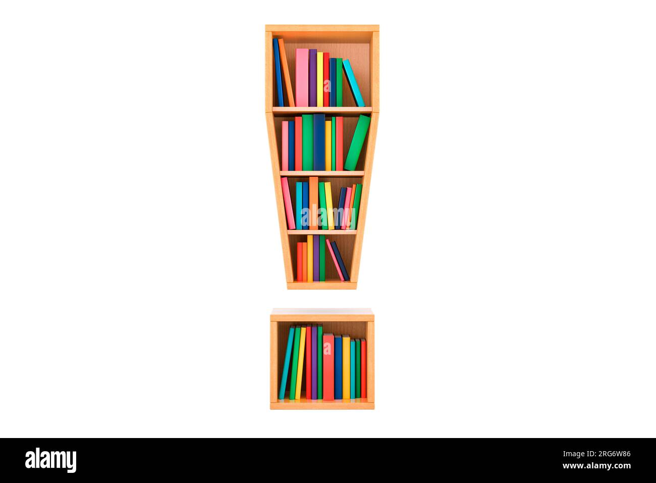 Exclamation mark as bookshelf with books, 3D rendering isolated on ...