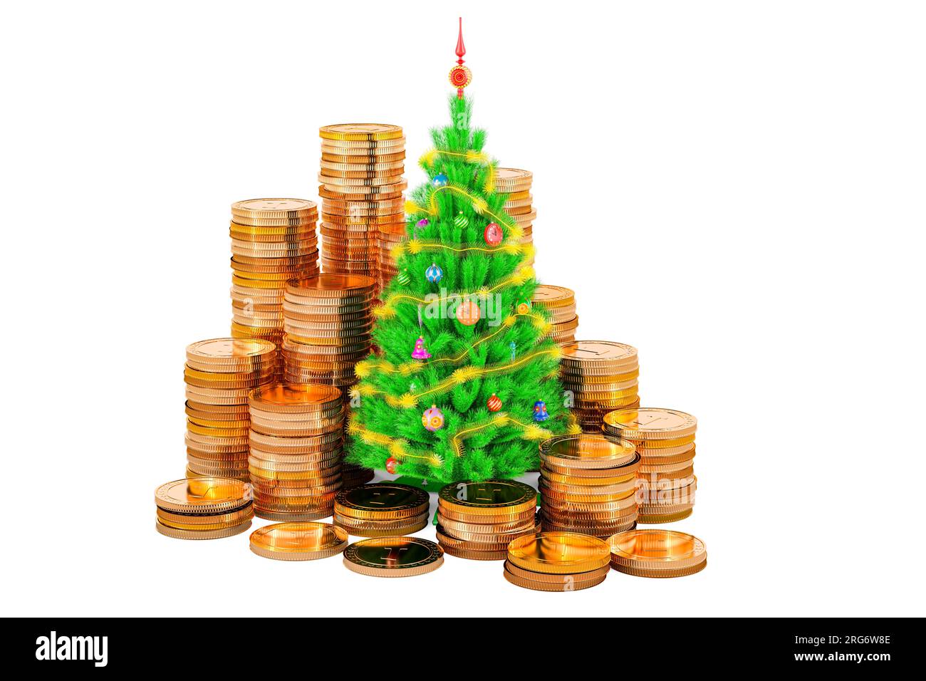 Christmas tree with golden coins, 3D rendering isolated on white ...