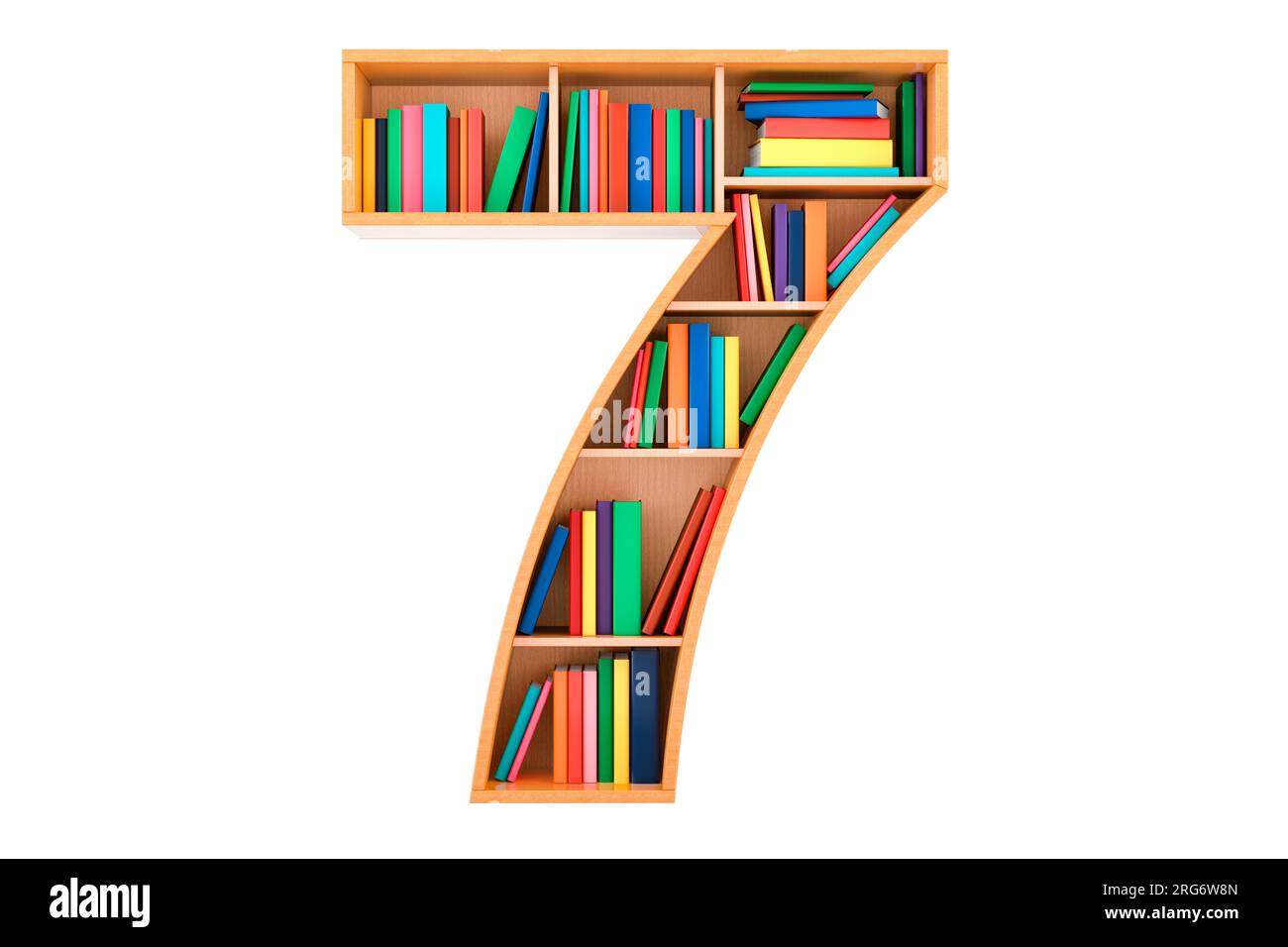 Number 7 in the form of shelves with books, 3D rendering isolated on ...