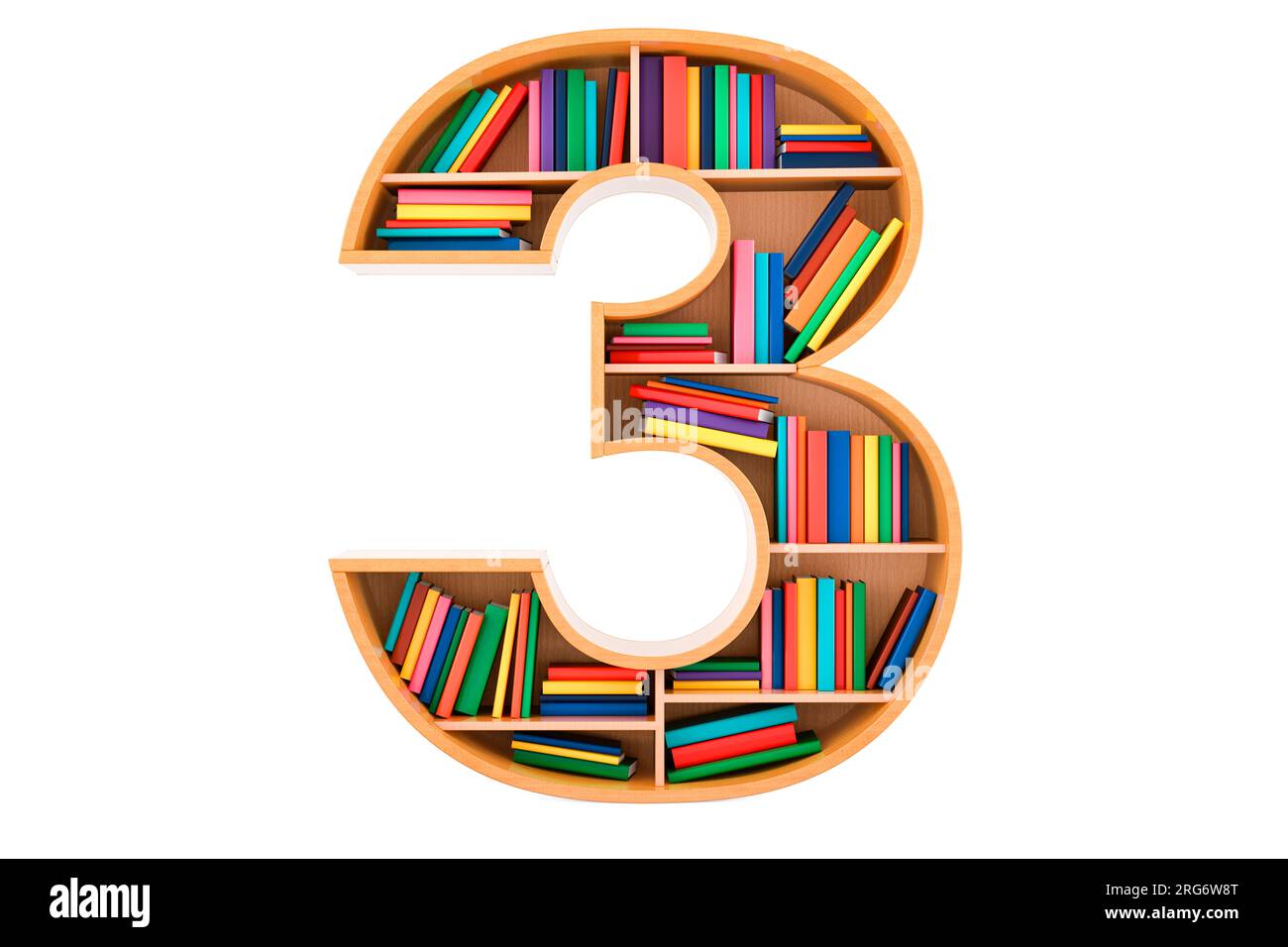 Number 3 in the form of shelves with books, 3D rendering isolated on ...