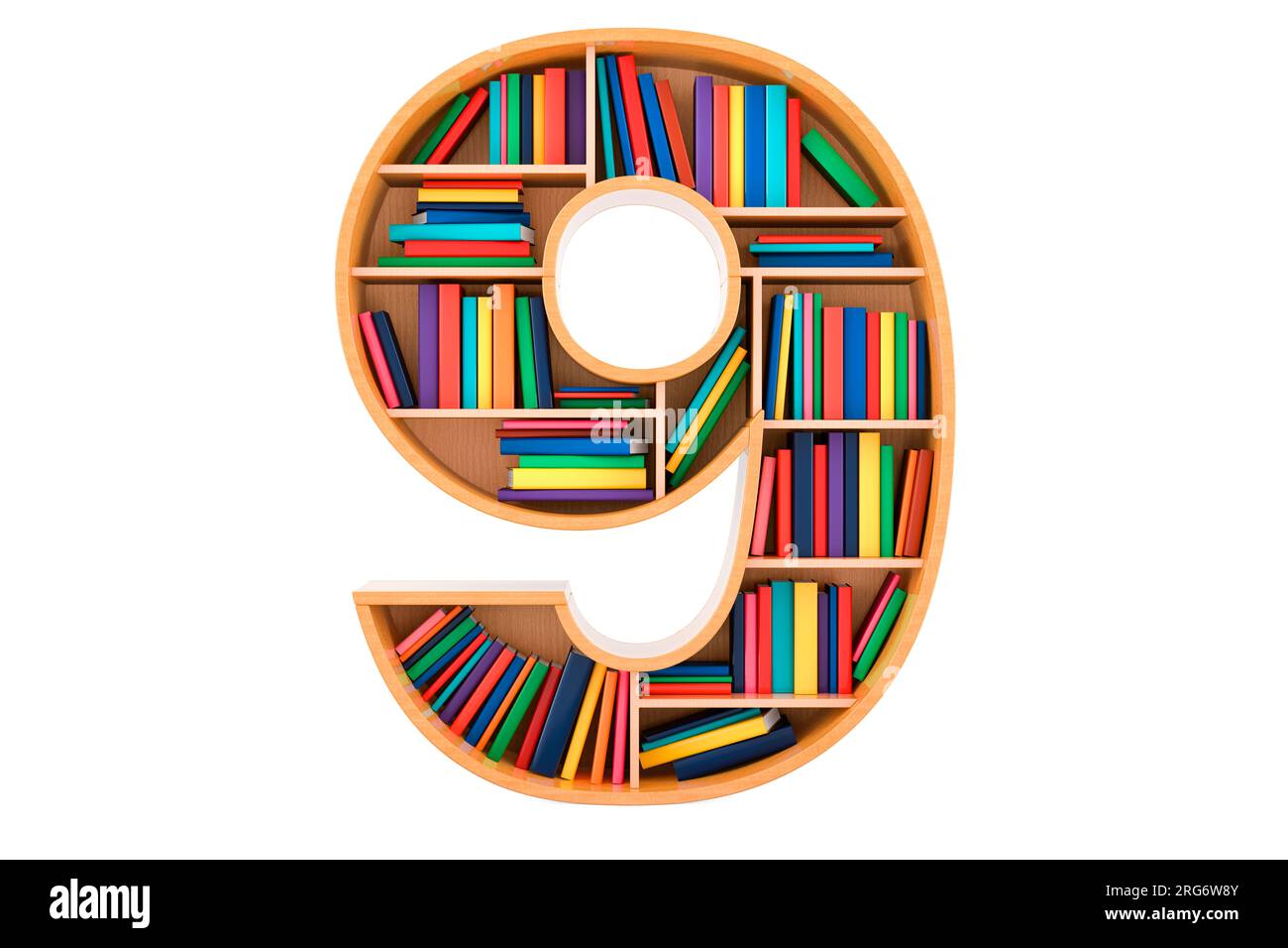 Number 9 in the form of shelves with books, 3D rendering isolated on ...