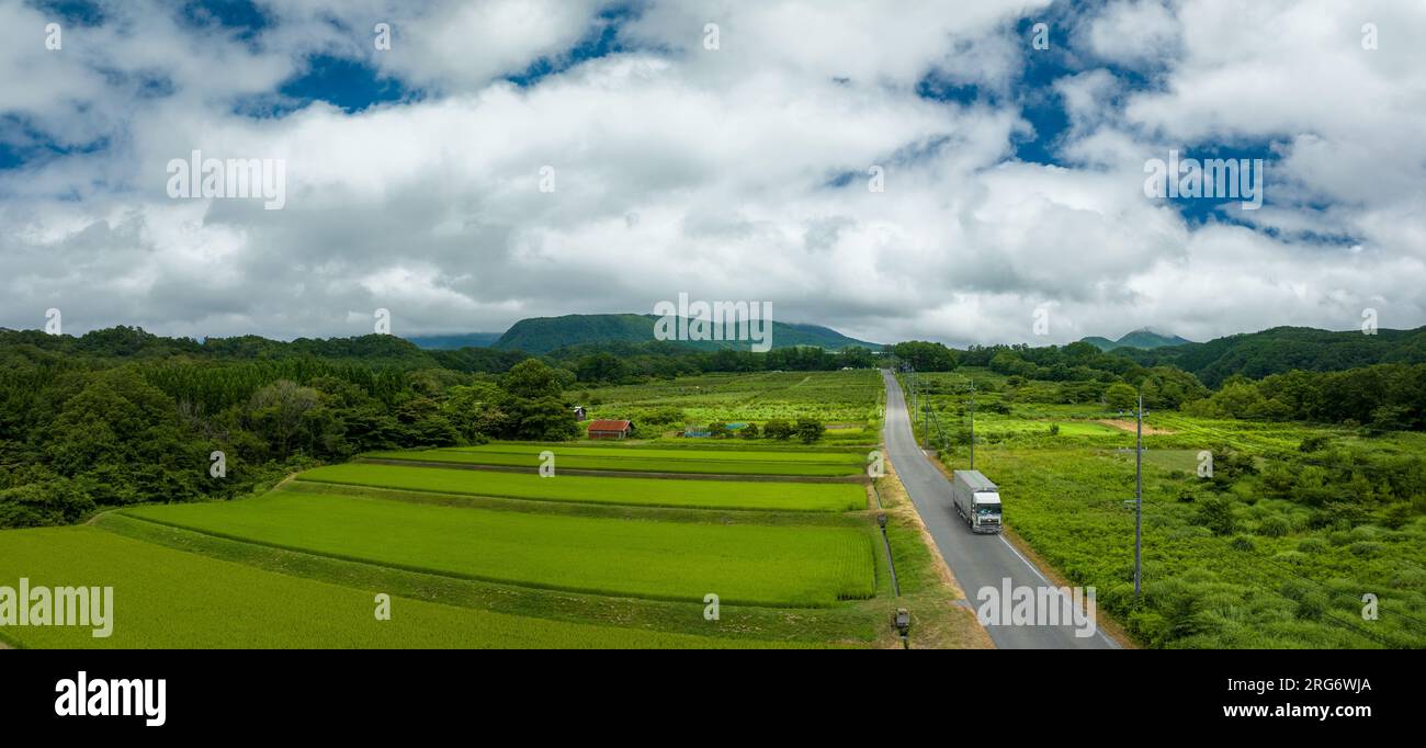Cargo truck on open road by terraced rice fields in green countryside ...