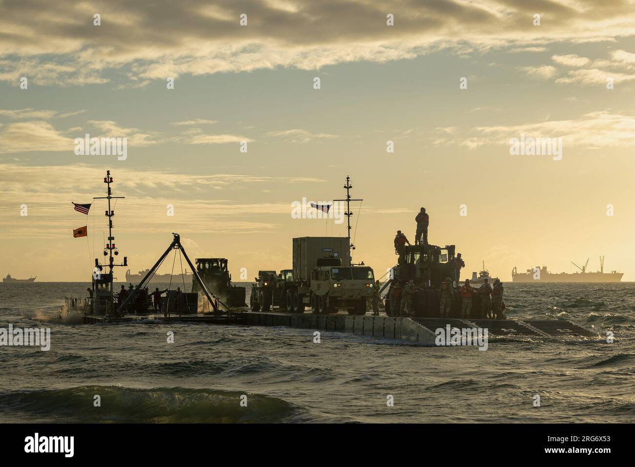 United States Army Floating Causeway approaches the shore in Bowen ...