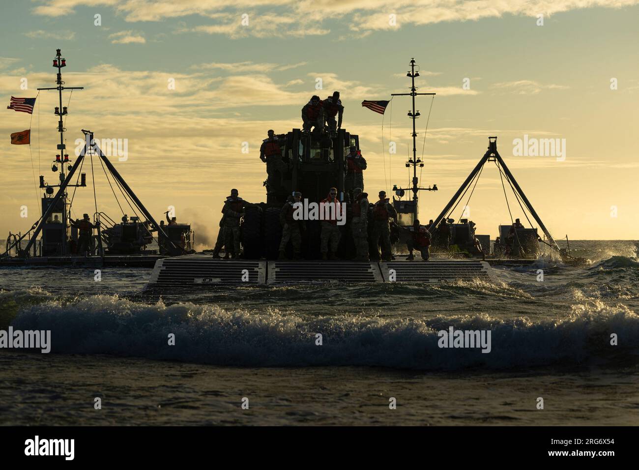 United States Army Floating Causeway successfully lands on the beach in ...
