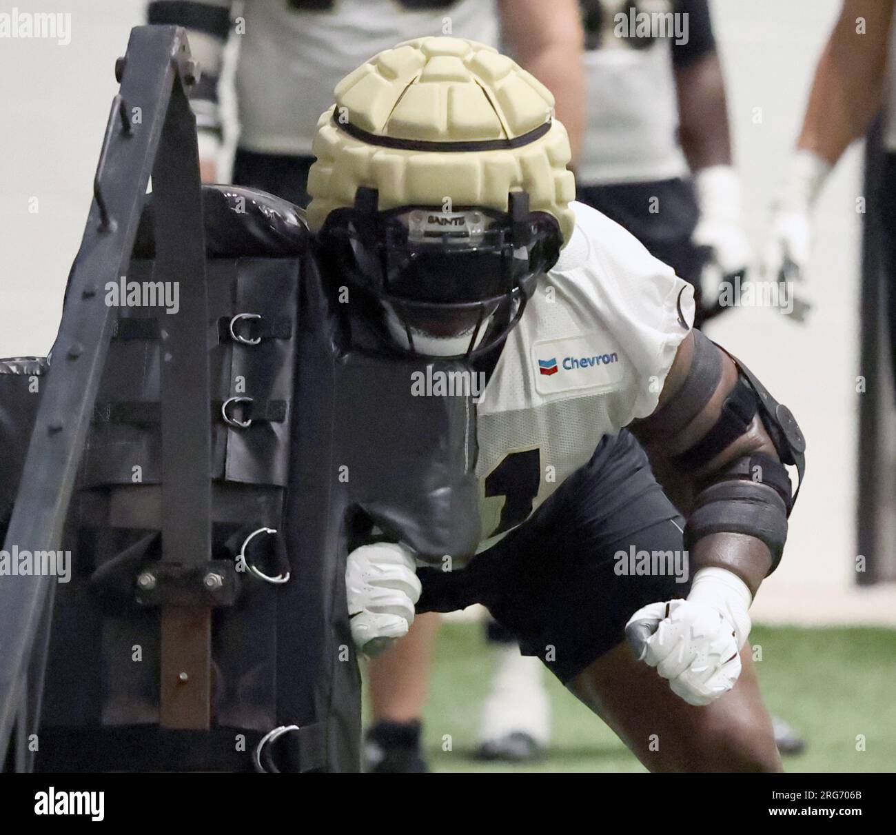 Metairie, USA. 07th Aug, 2023. Center Cesar Ruiz (51) works on a ...