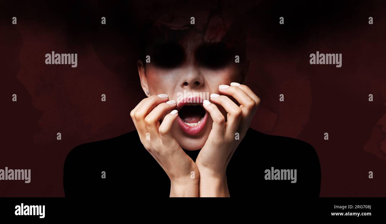 Hallucinations. Scared woman on maroon background. Dark essence flowing ...