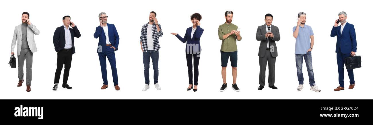 Collage with photos of people using mobile phones on white background ...