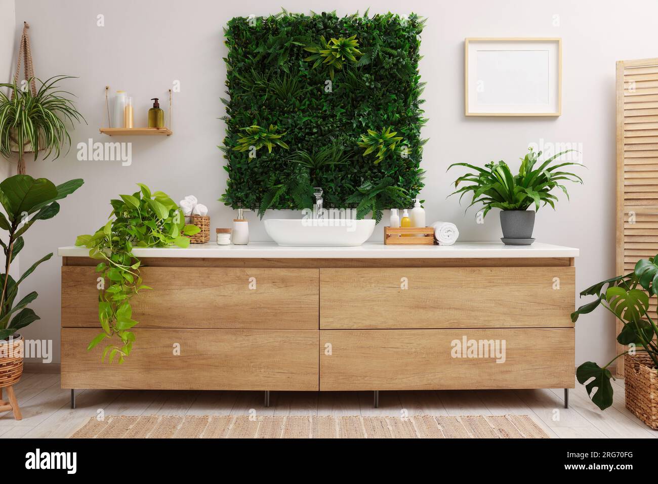 Green artificial plants, vanity and different personal care products in ...