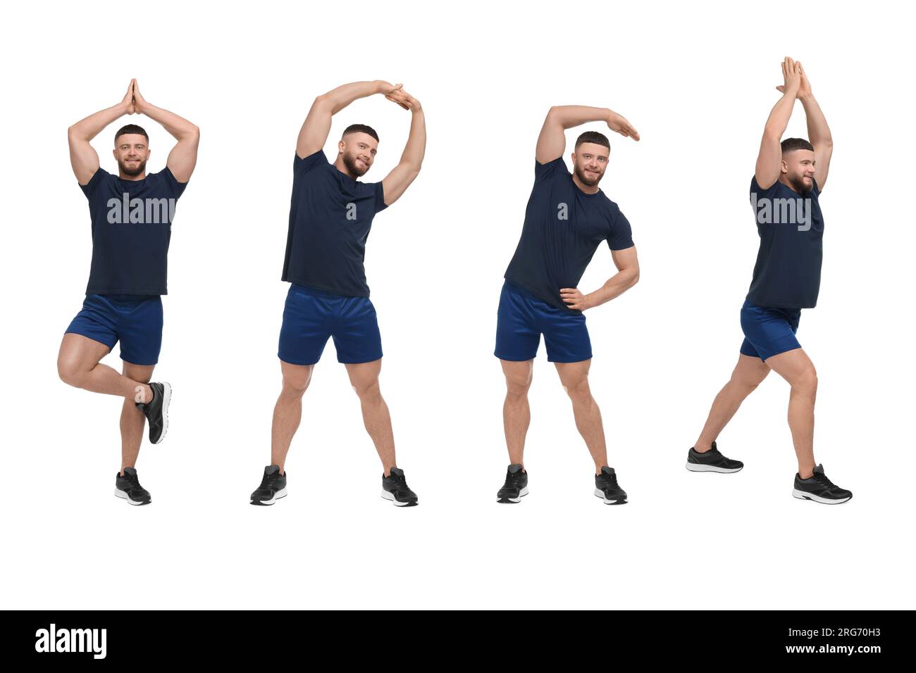 Young man doing morning exercises on white background, collage design ...