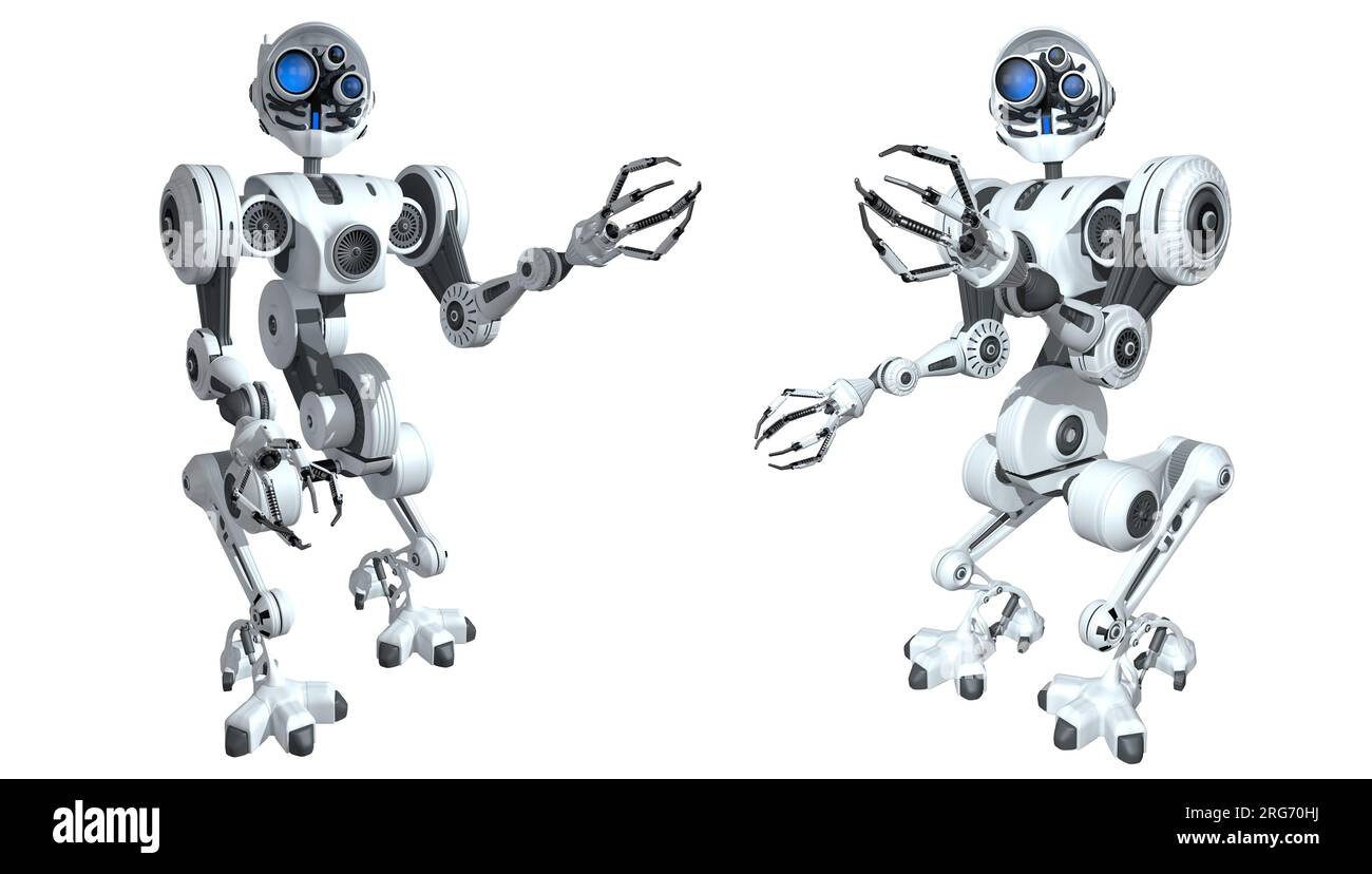 Full body front view of white android with 3 glasses on his head and ...