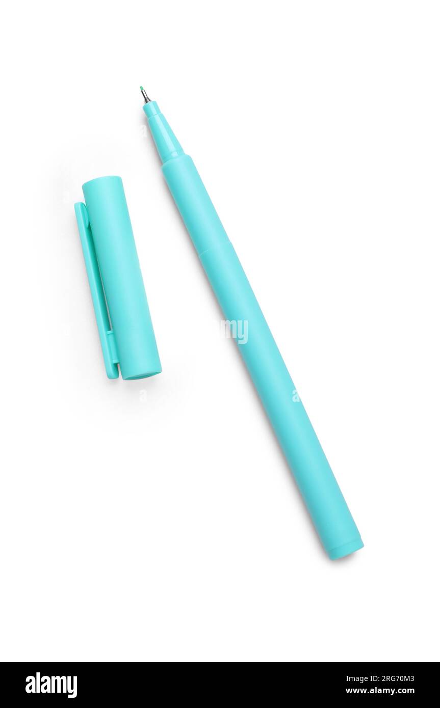 One turquoise marker and cap on white background, top view Stock Photo ...