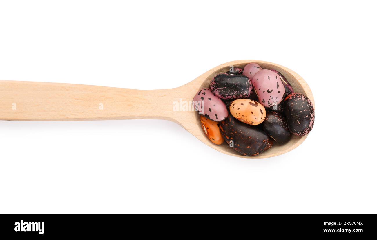 Wooden spoon with dry kidney beans isolated on white, top view Stock ...