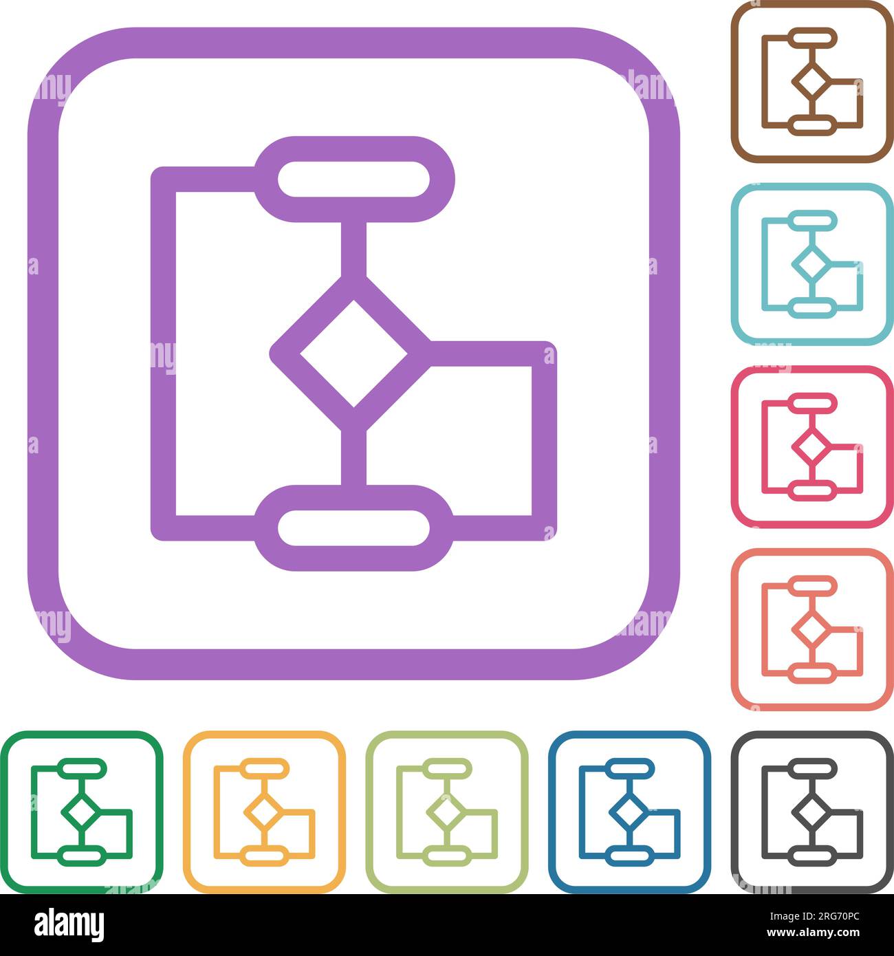 Flow chart outline simple icons in color rounded square frames on white ...