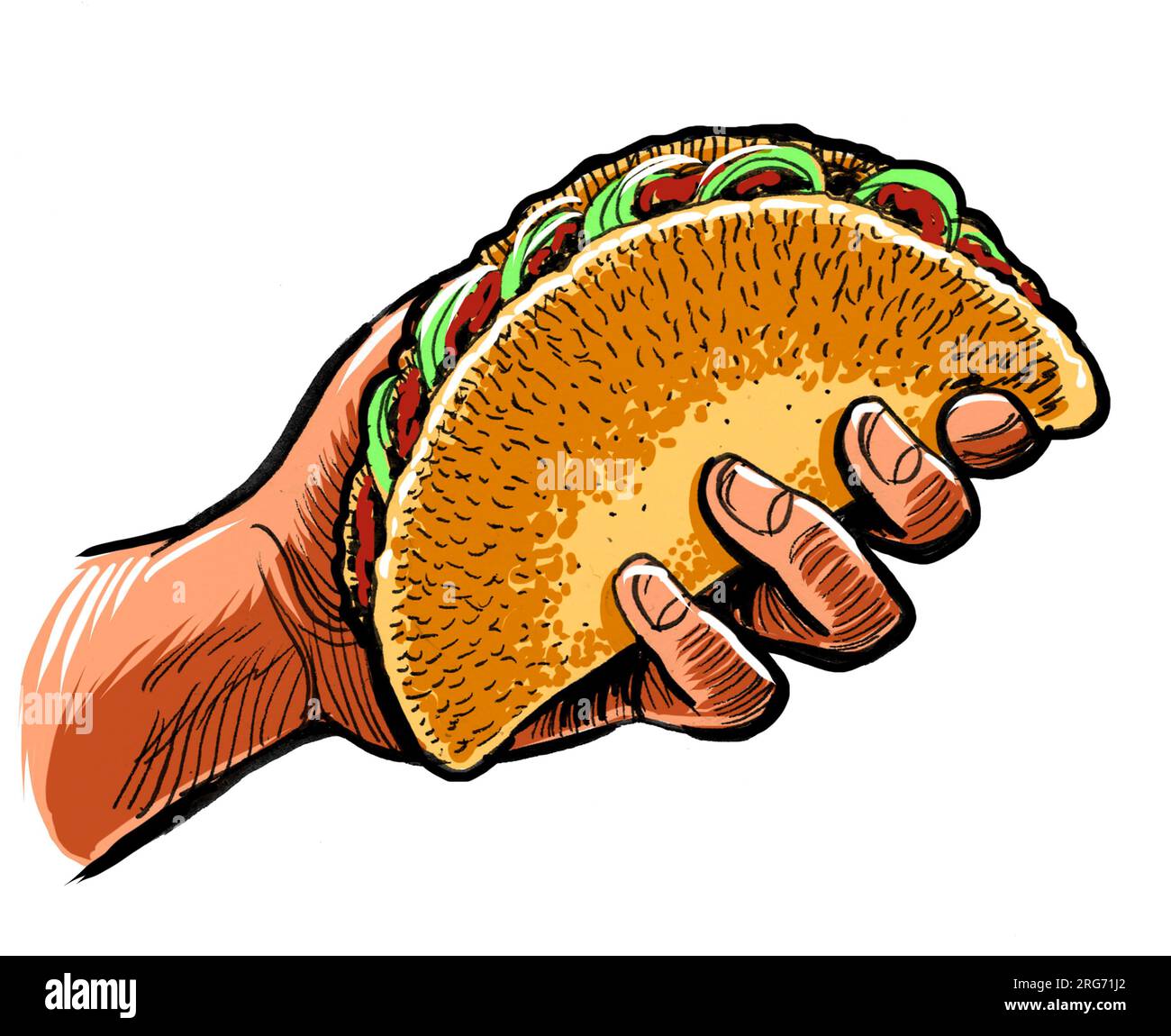 Hand holding taco. Man eating hot dog. Hand-drawn ink on paper and hand ...