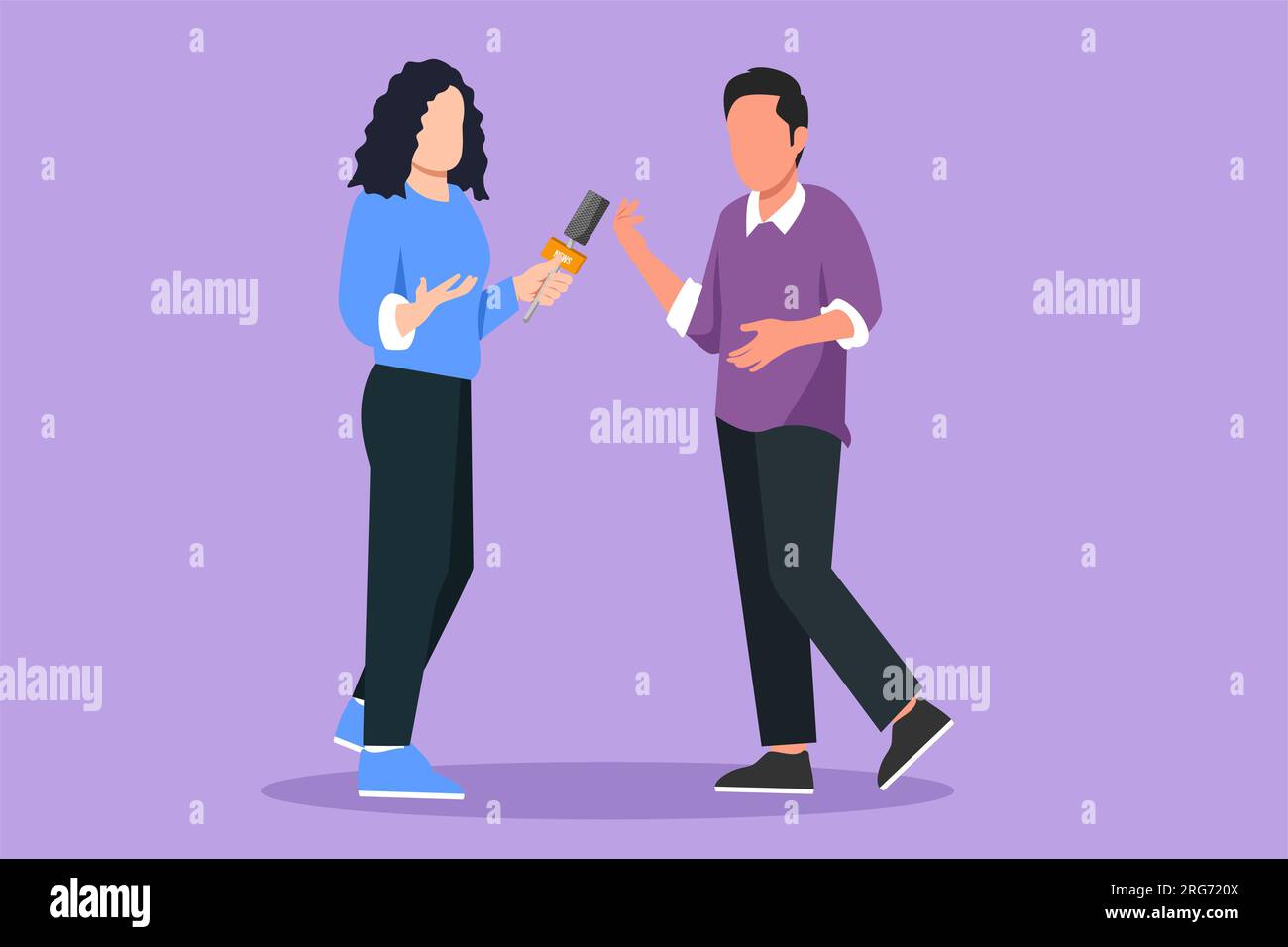 Graphic flat design drawing woman TV journalist, reporter with microphone interviews senator ...