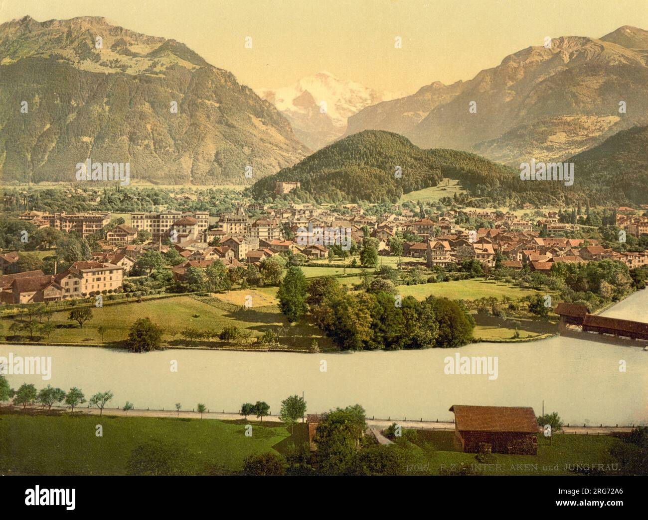 Interlaken and the Jungfrau, Aare River in foreground, Bernese Alps ...
