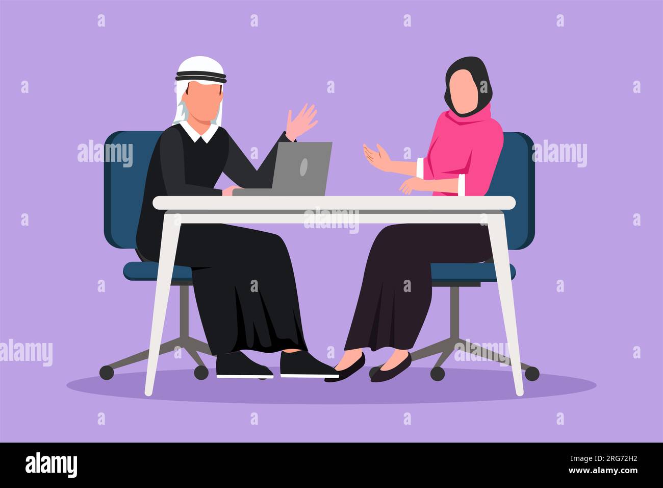 Cartoon flat style drawing Arabian man journalist interviewing girl at ...