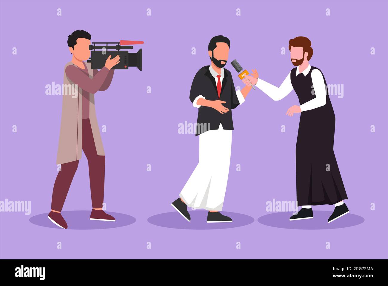 Graphic flat design drawing active Arab male journalist take interview ...