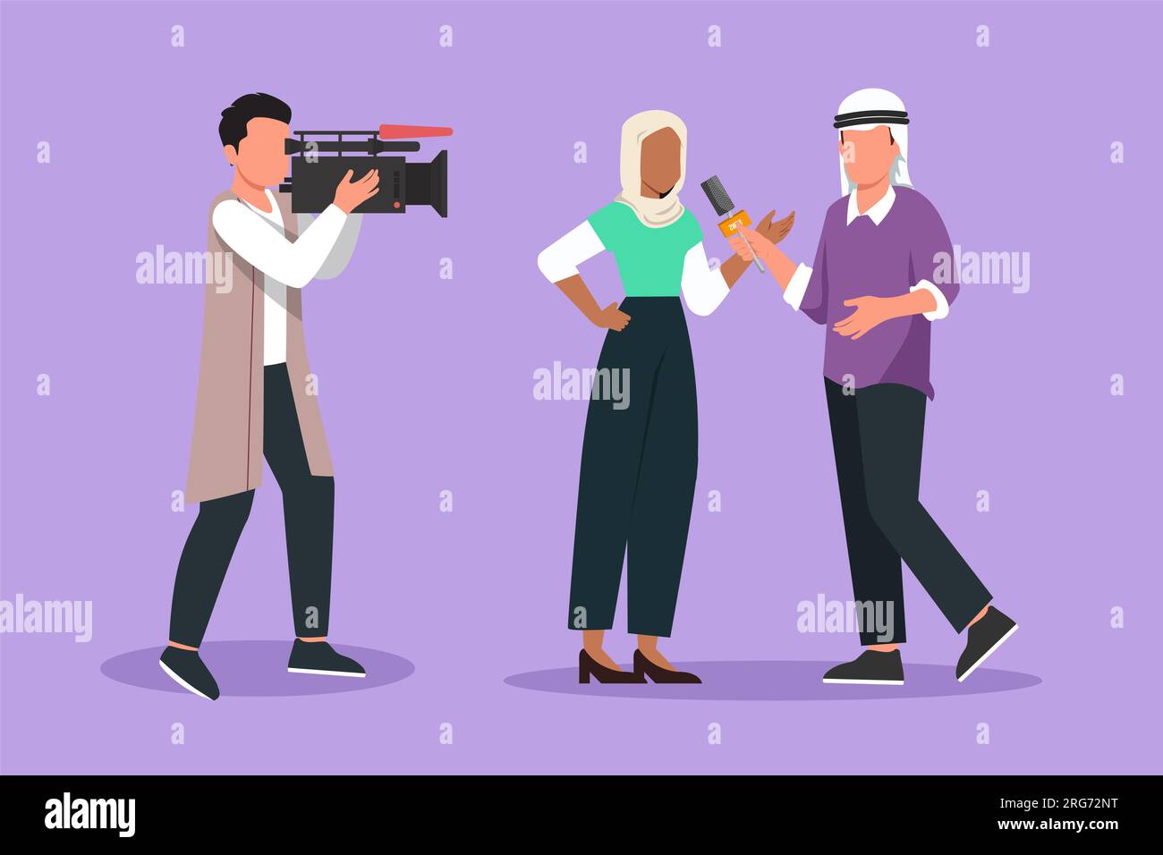 Graphic flat design drawing Arabic journalist, operator interview television program, news. TV ...