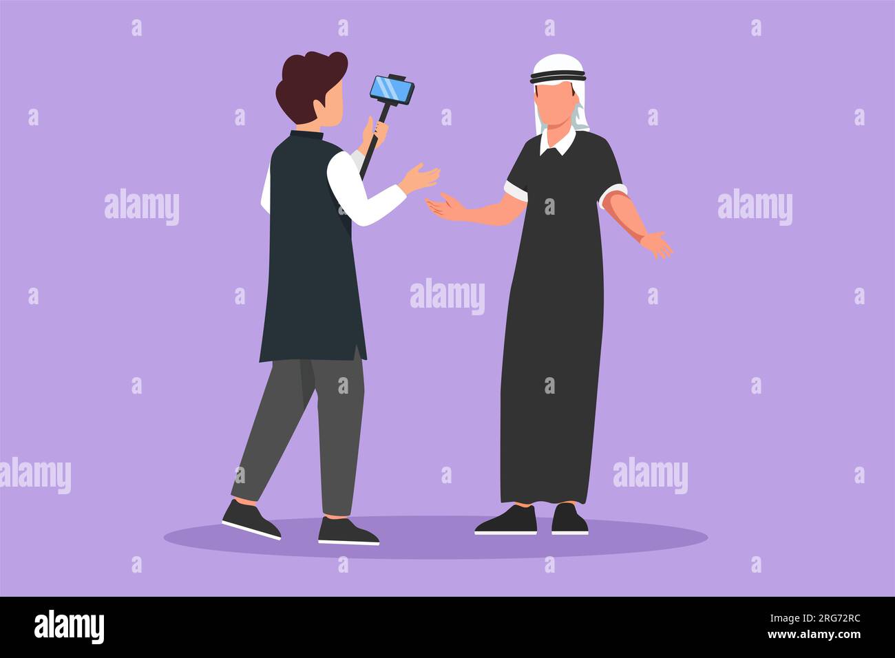 Cartoon flat style drawing active Arabian presenter filming video blog ...