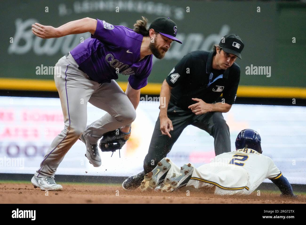 Milwaukee Brewers' Brice Turang steals second with Colorado Rockies ...