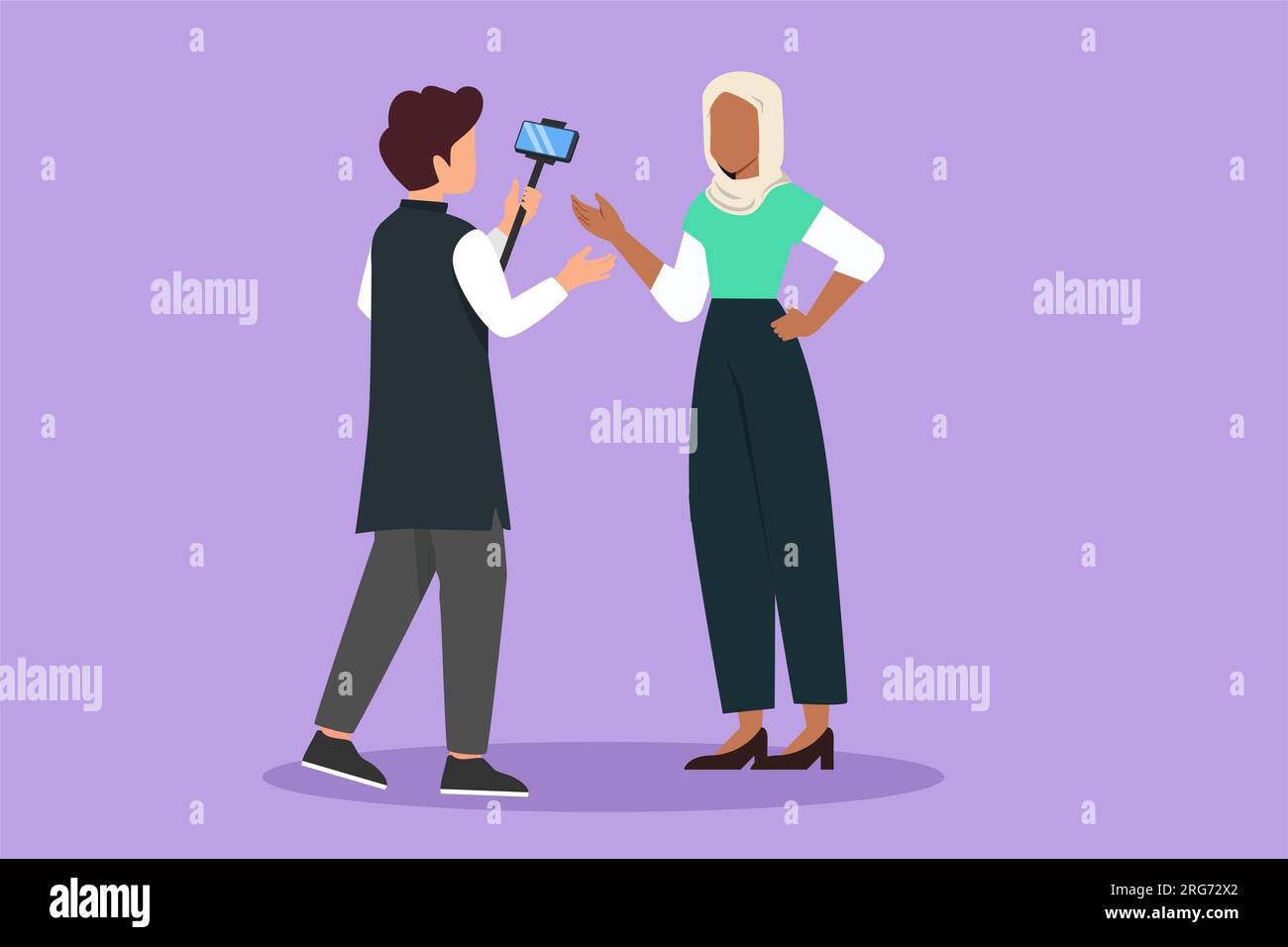 Graphic flat design drawing beauty Arabian girl makes video blog with cameraman on street ...