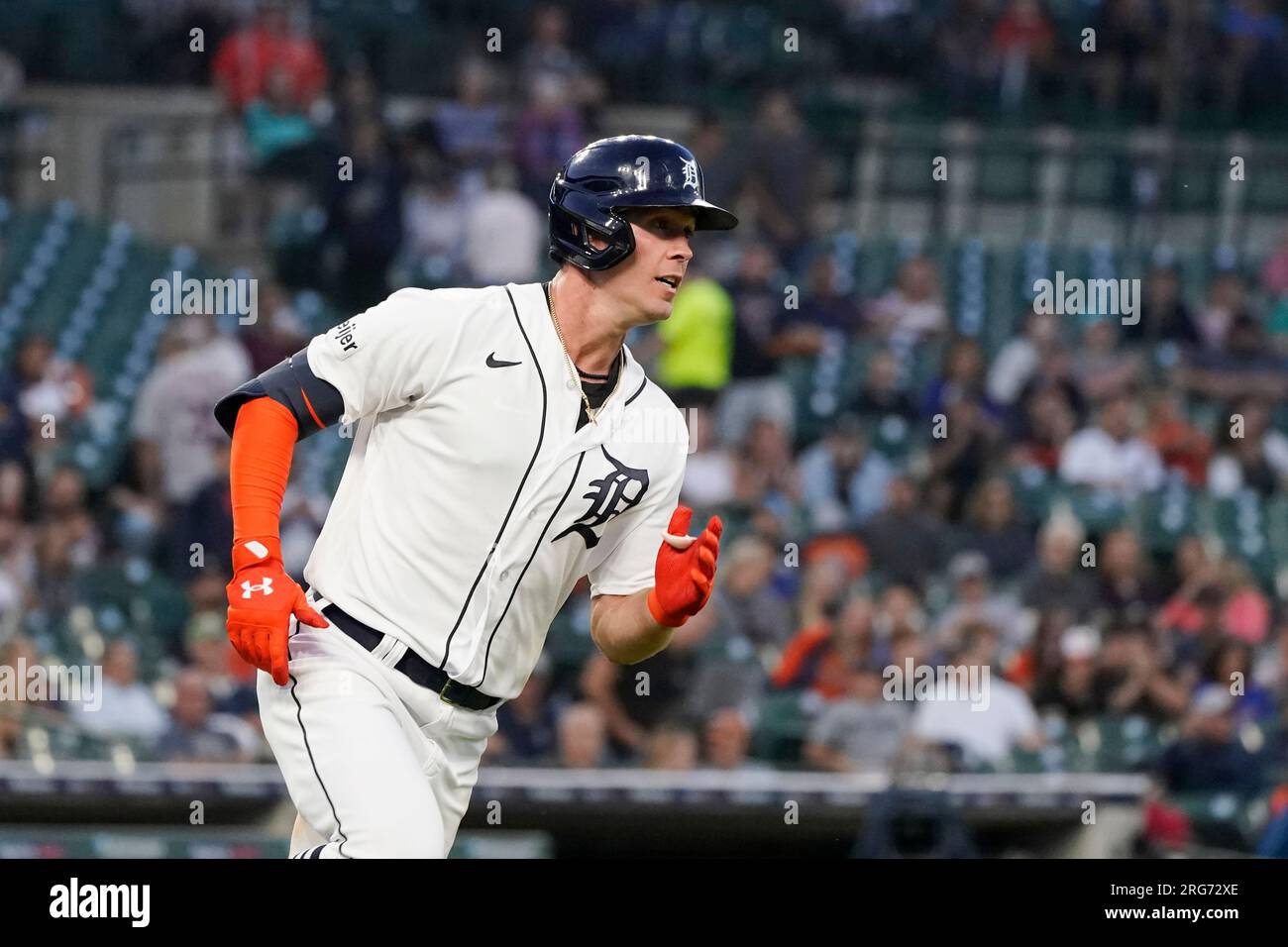 Detroit Tigers' Kerry Carpenter singles during the seventh inning of a ...