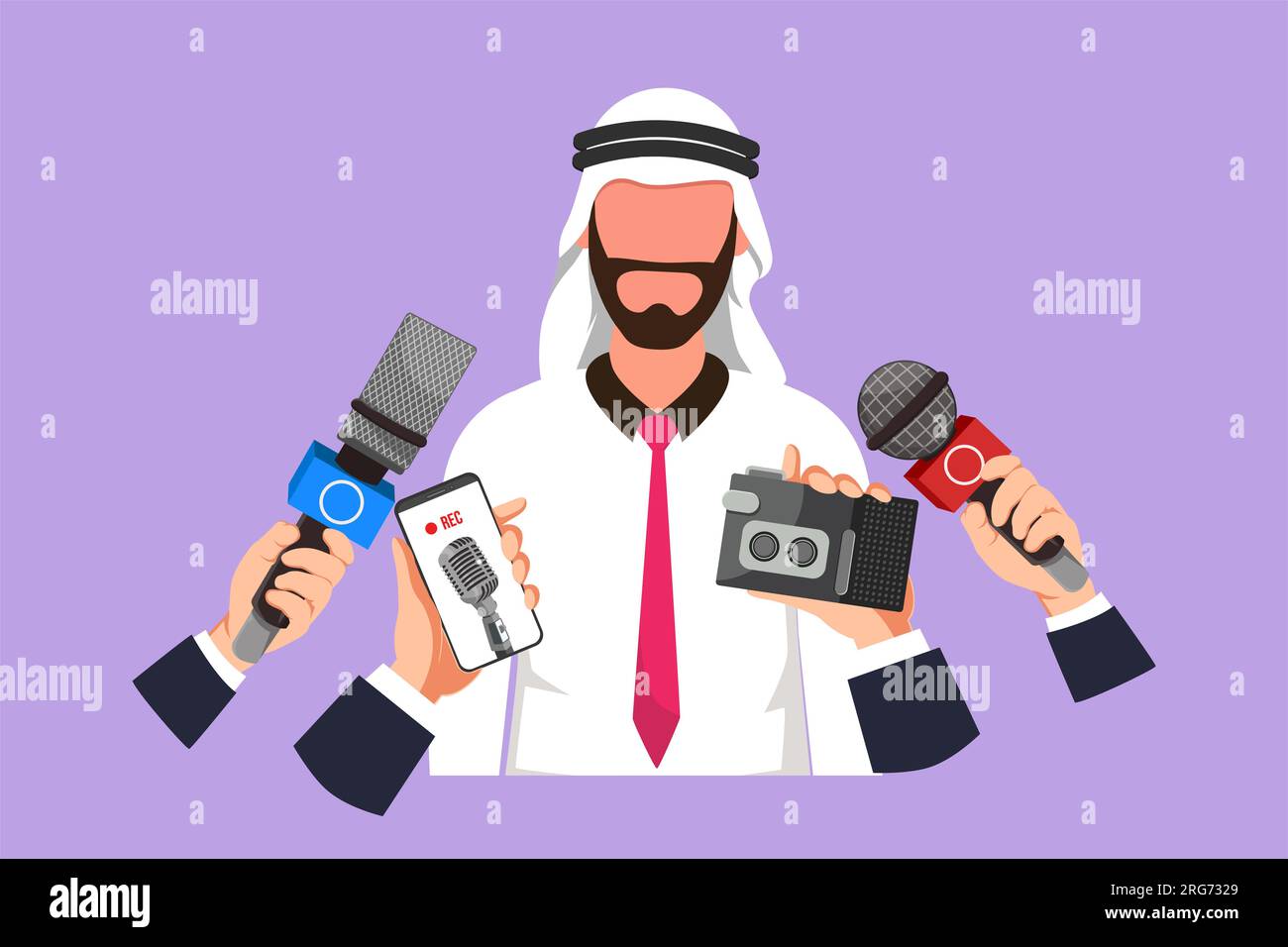 Graphic flat design drawing Arab businessman interview with microphones. Popular person ...