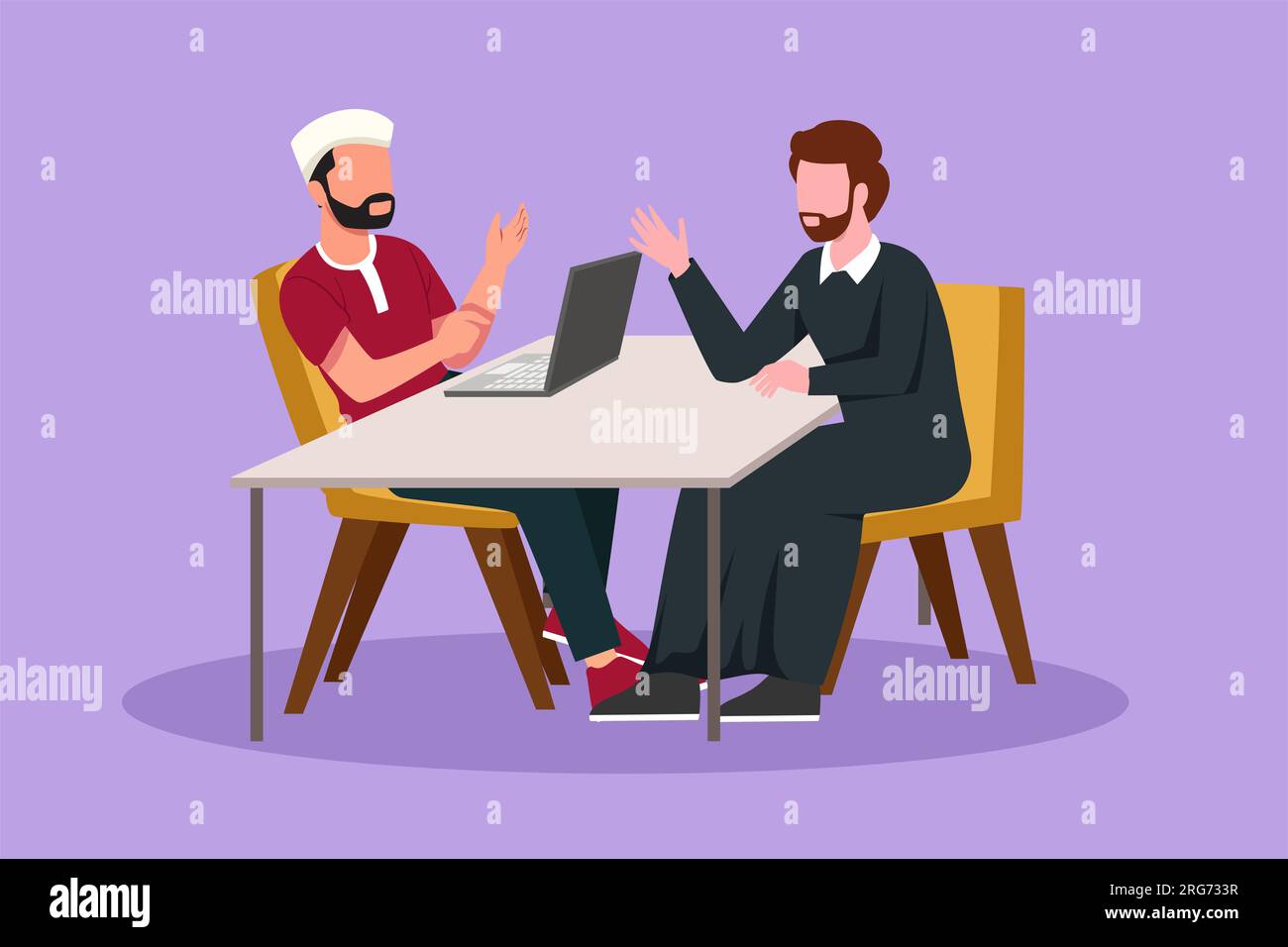 Cartoon flat style drawing young Arab male interviewing famous person ...