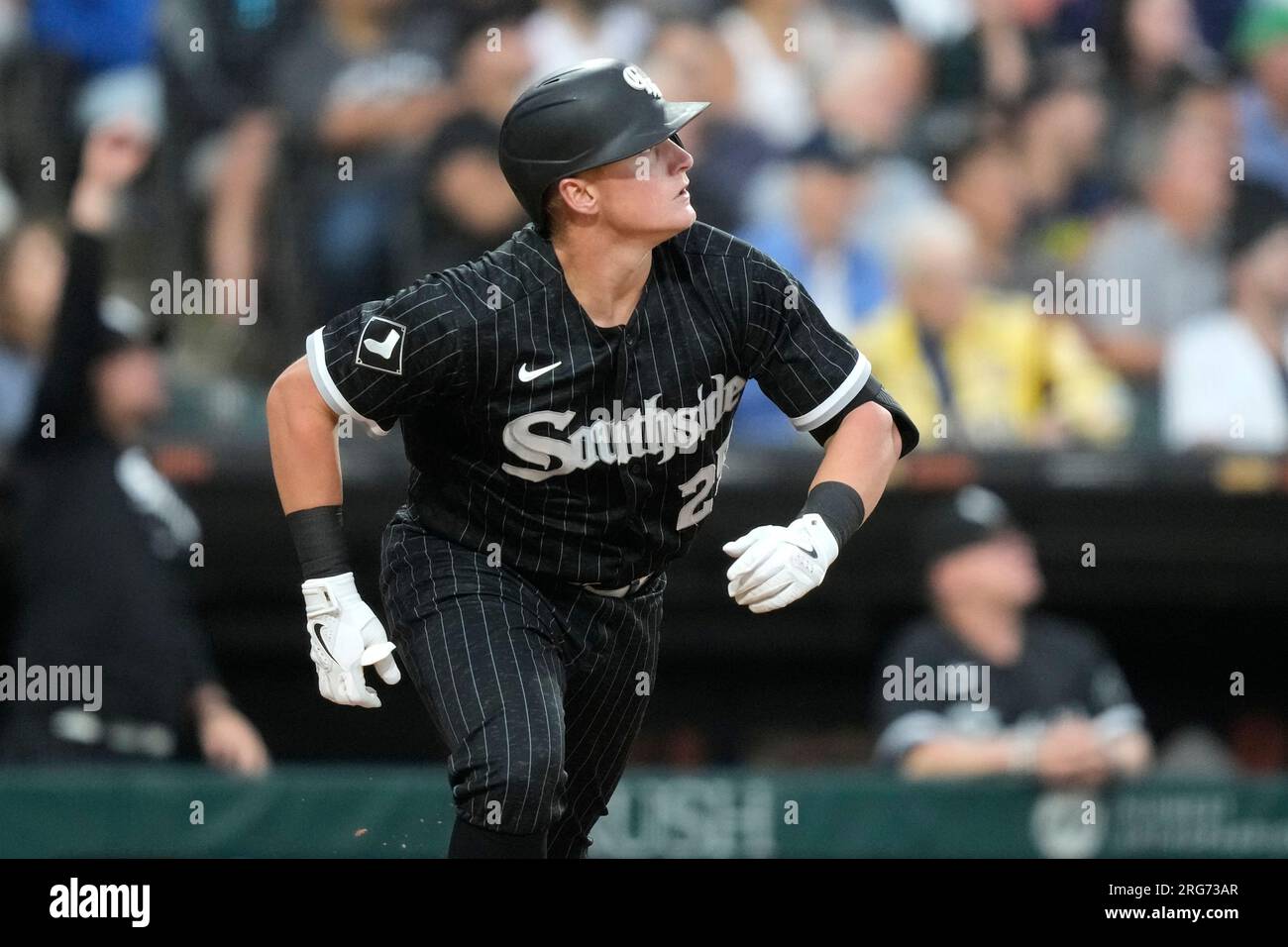 Chicago White Sox's Andrew Vaughn watches his two-run home run off New ...