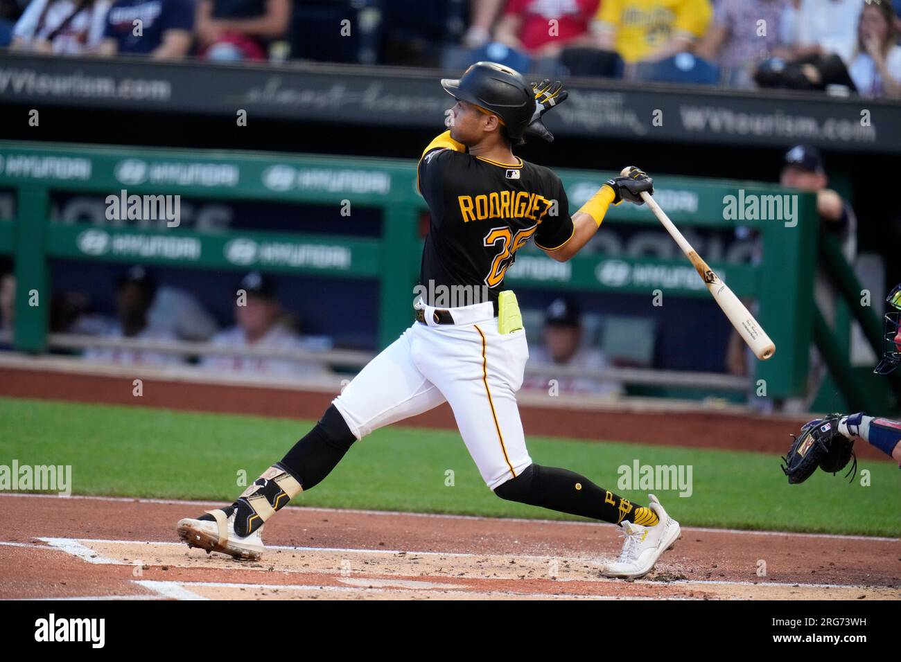 Pittsburgh Pirates' Endy Rodriguez doubles off Atlanta Braves starting ...