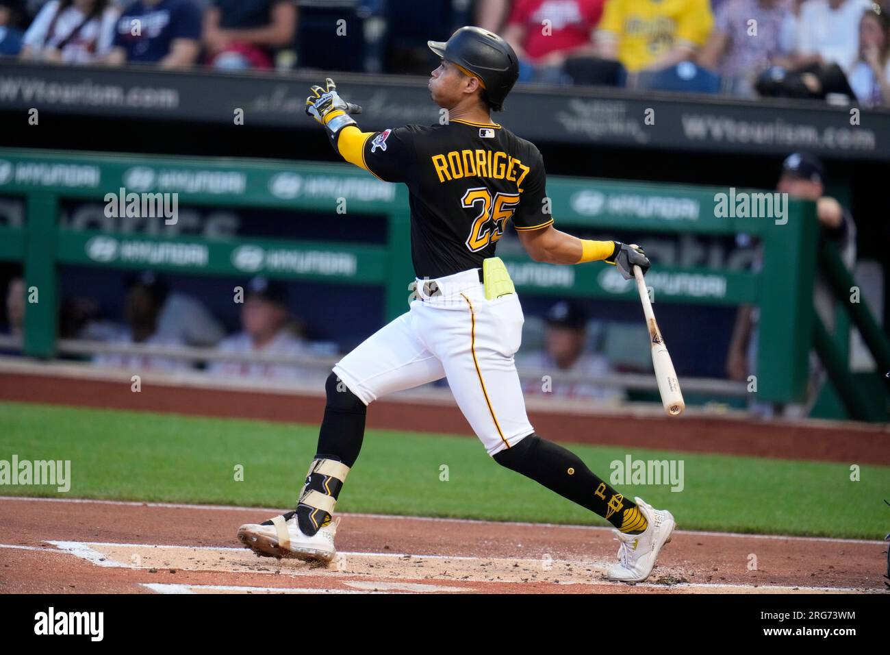 Pittsburgh Pirates' Endy Rodriguez doubles off Atlanta Braves starting ...