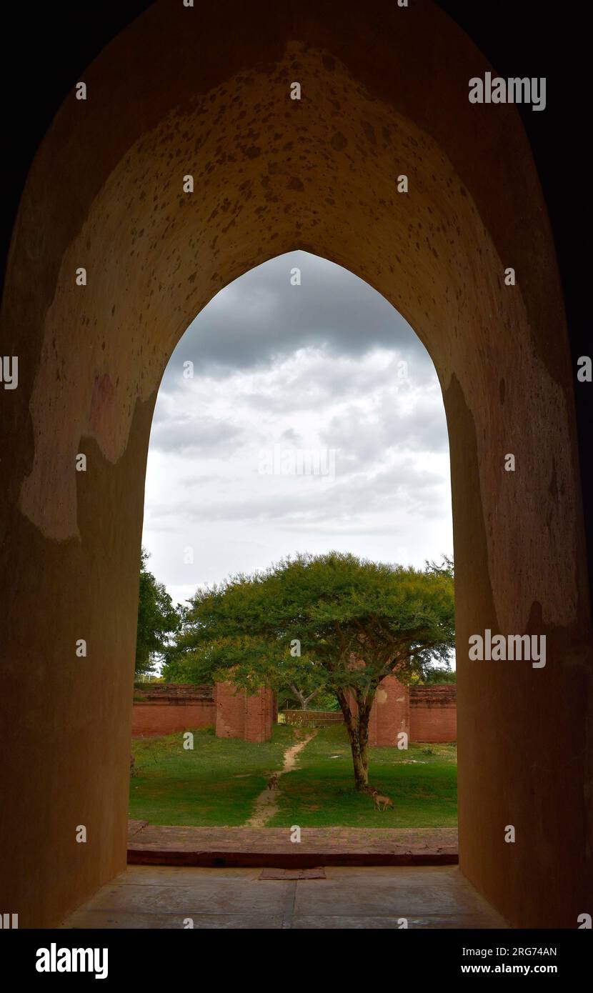 Big and high door of an ancient temple in Bagan, world heritage city ...