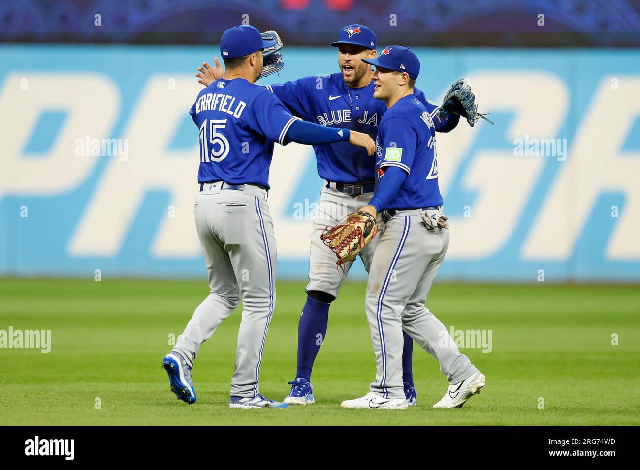 Toronto Blue Jays' Whit Merrifield, left, George Springer, center, and ...