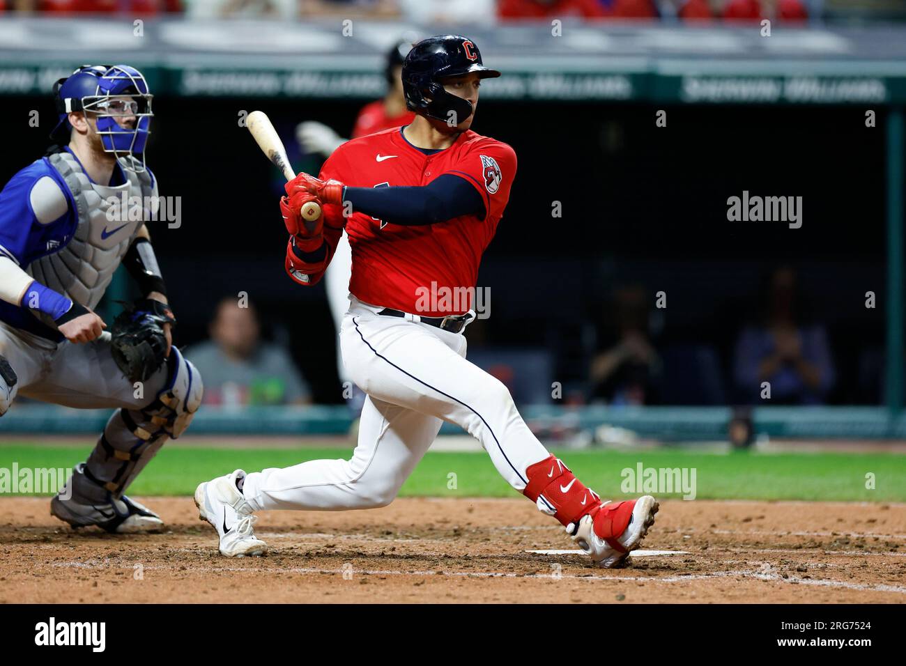 Cleveland Guardians' Bo Naylor watches his RBI single off Toronto Blue ...