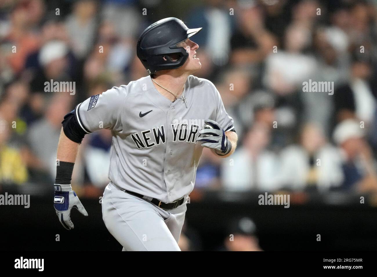 New York Yankees' Billy McKinney watches his RBI sacrifice fly off ...