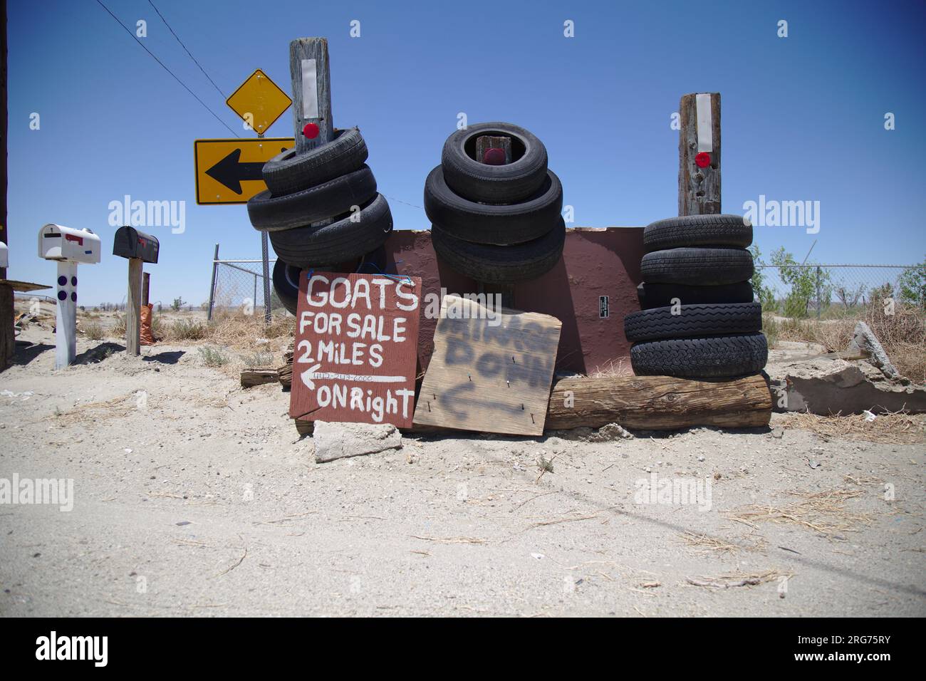 Goats for sale sign near El Mirage, California, surrounded by tires on ...