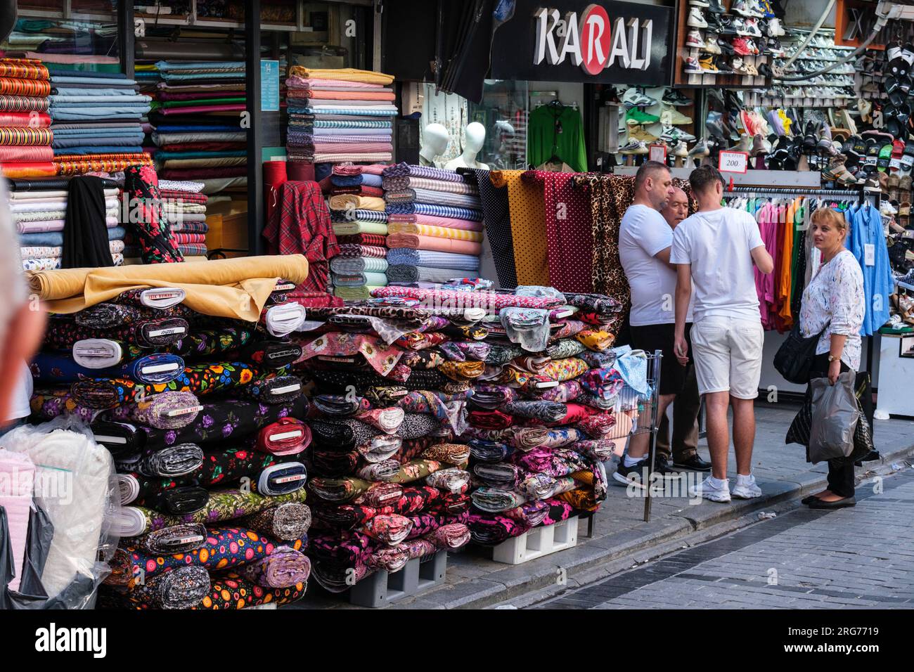 Istanbul, Turkey, Turkiye. Street Scene, Fabric Shop, Suleymaniye ...