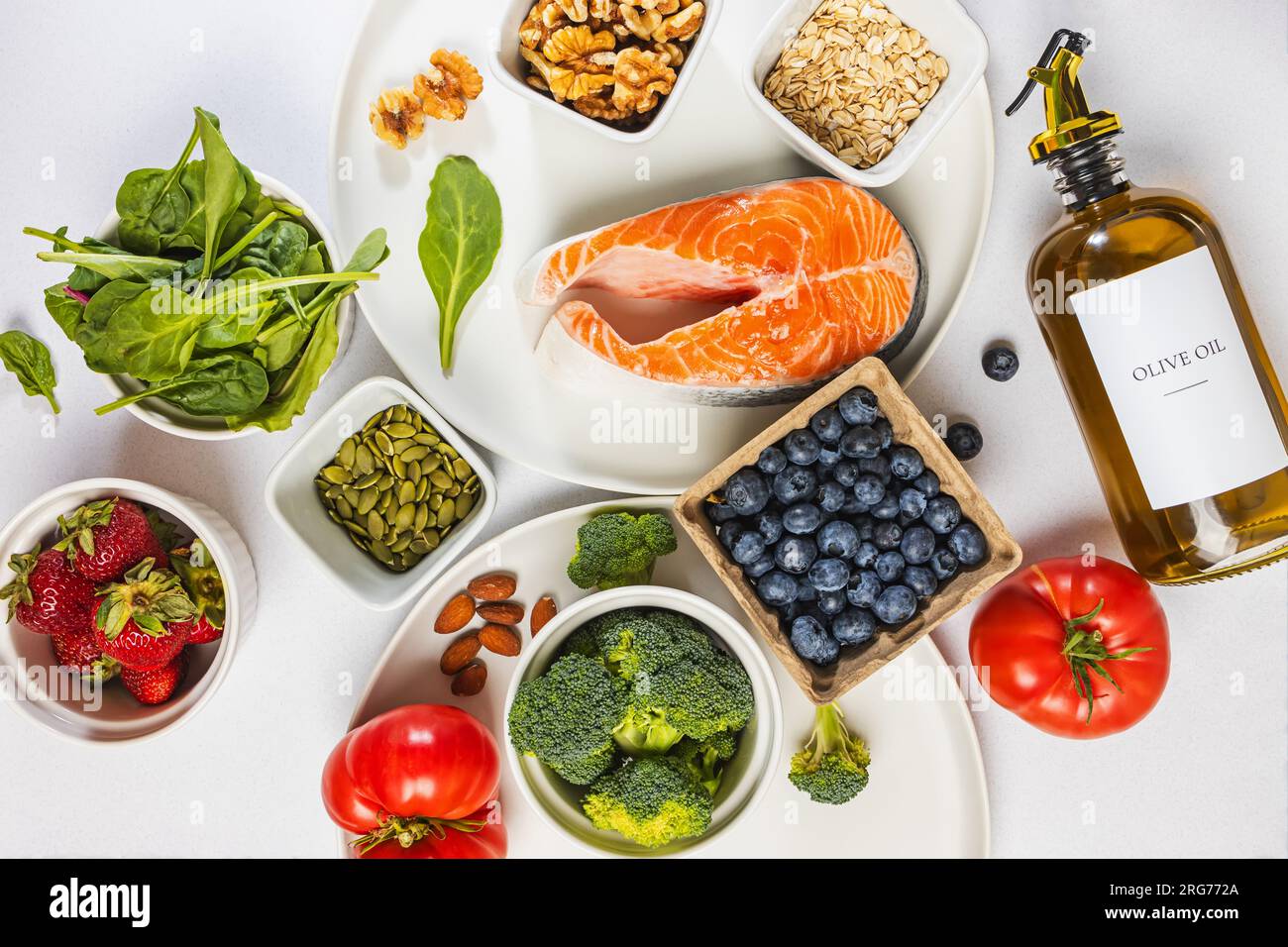 Variety of fresh, whole unprocessed food; healthy nutrition, anti ...