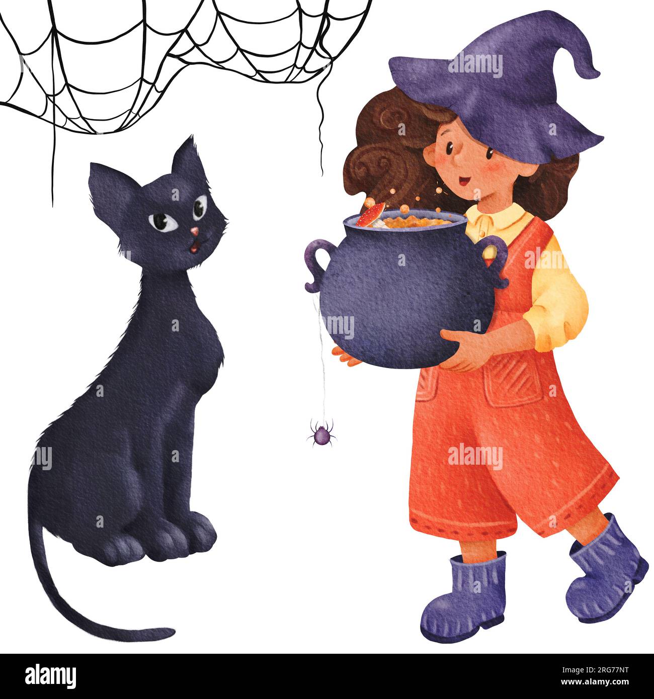 Halloween set of cute witch cat, spiders web, witch, character with ...