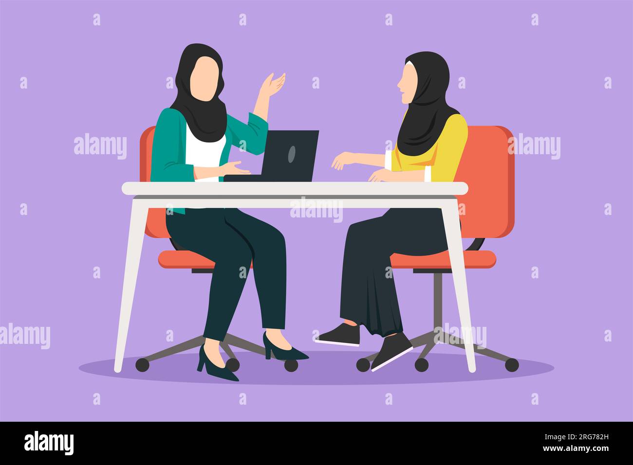 Graphic flat design drawing Muslim TV show with guest. Beautiful Arabian girl celebrity giving ...